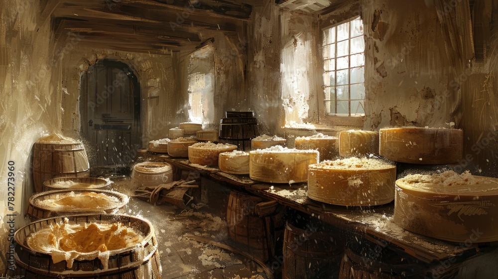 Artisanal cheese making process, captured in a digital painting that ...