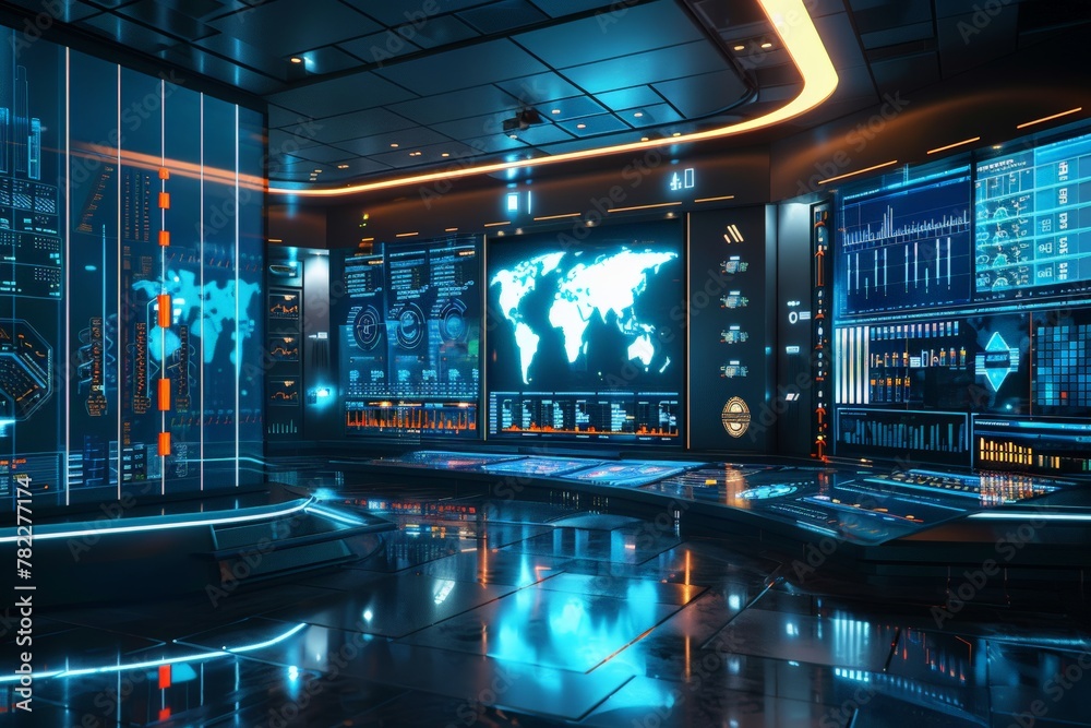 Wind turbine control room, illuminated by futuristic blue light, Advanced control room. large ...