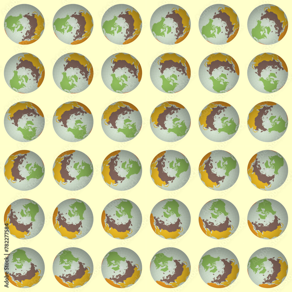 Collection of earth globes. North pole sphere view. Rotation step 10 ...