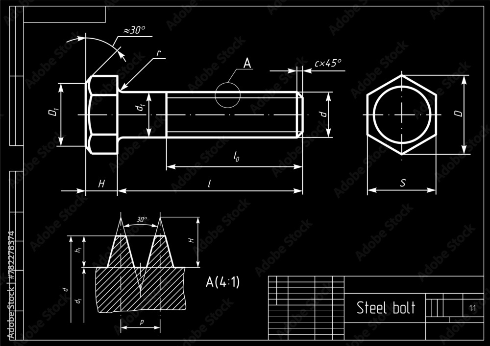 Vector engineering cad drawing of a mechanical part (steel bolt) with ...