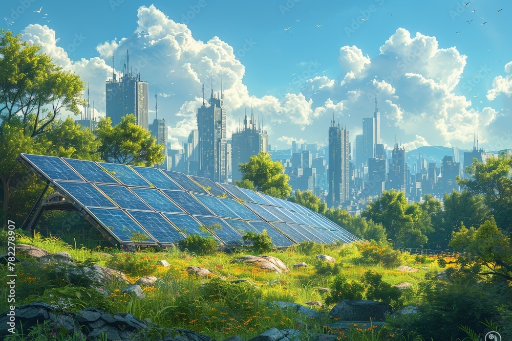 Solar panels nestled in lush parkland, city skyline rises in background ...