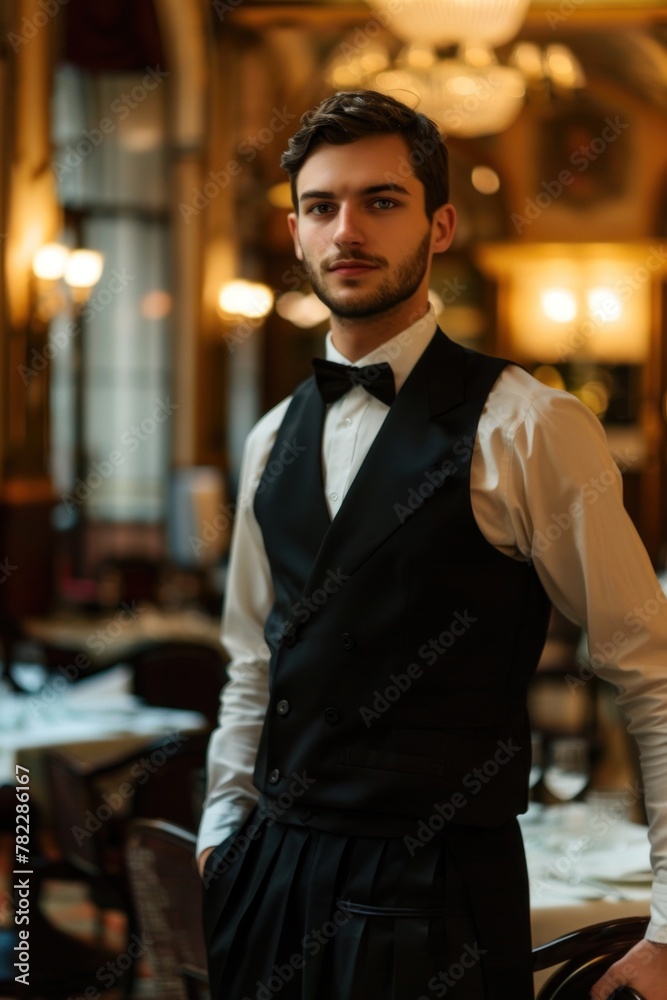 Confident young male waiter in formal attire posing professionally in ...