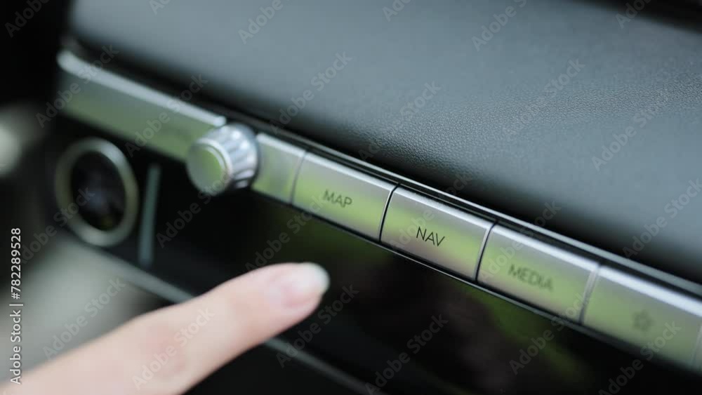 Close-up view of car interior. View of car map navigation button ...