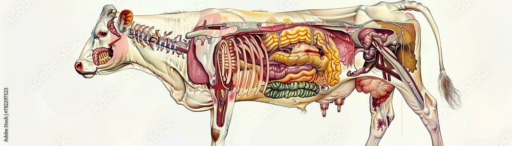A detailed Xray image showing the internal anatomy of a cow, including ...