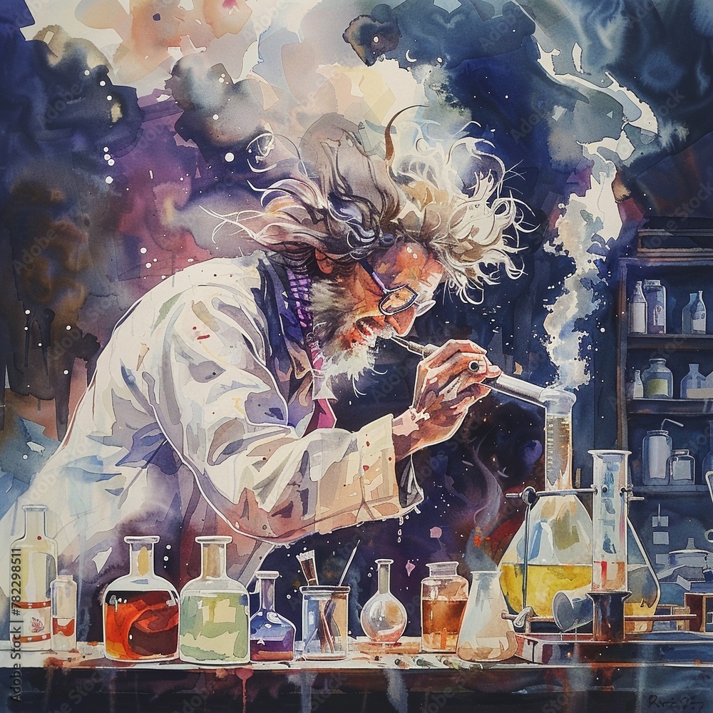 An eccentric scientist with wild hair experimenting amid smoke and ...