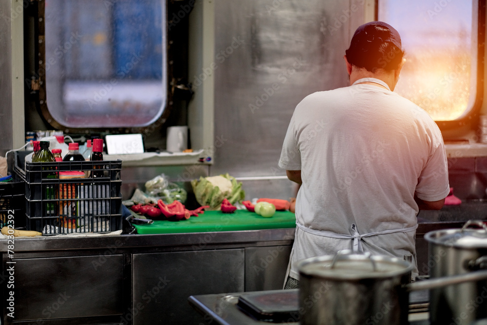 Chef Person In The Kitchen. Chief Cook In The Galley On Board Merchant ...