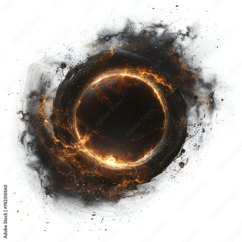 black hole surrounded by swirling gas and dust, against a white ...