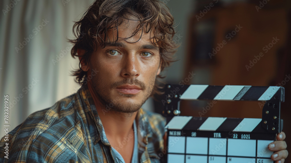 Professional male actor ready for shooting film, holds movie clapper ...