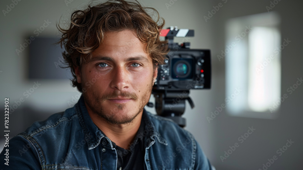 Professional male actor ready for shooting film, holds movie clapper ...