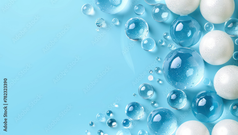 Abstract shiny bubbles and spheres with water droplets gradient blue ...
