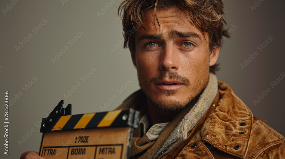 Professional male actor ready for shooting film, holds movie clapper ...
