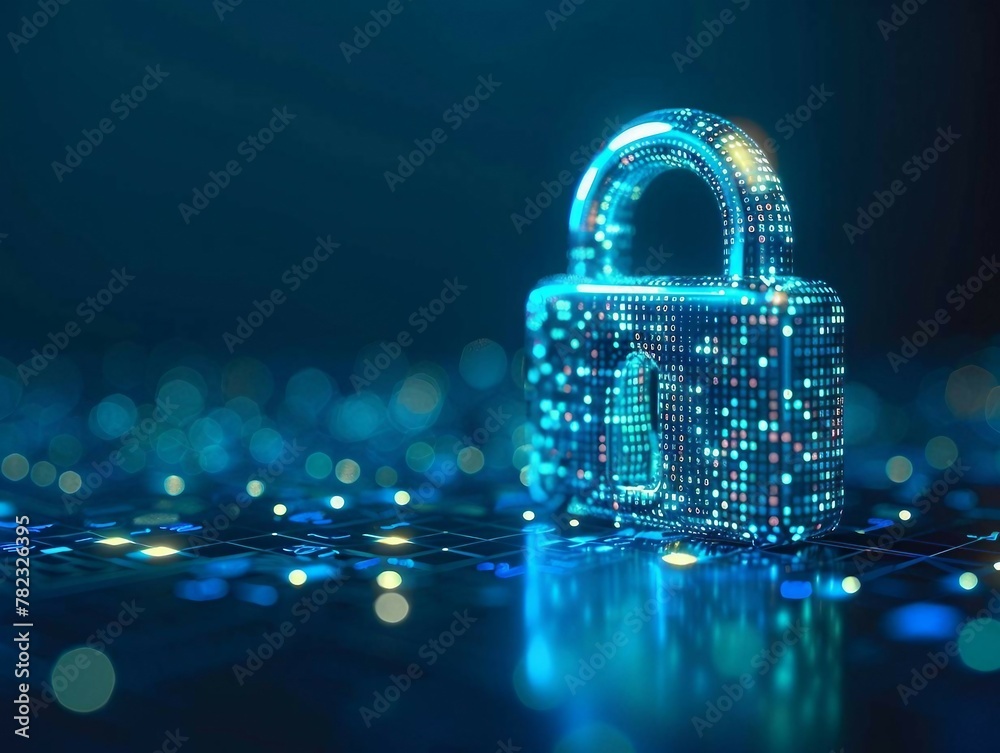 blue digital padlock with glowing binary code, AI in encryption algorithms, cybersecurity ...
