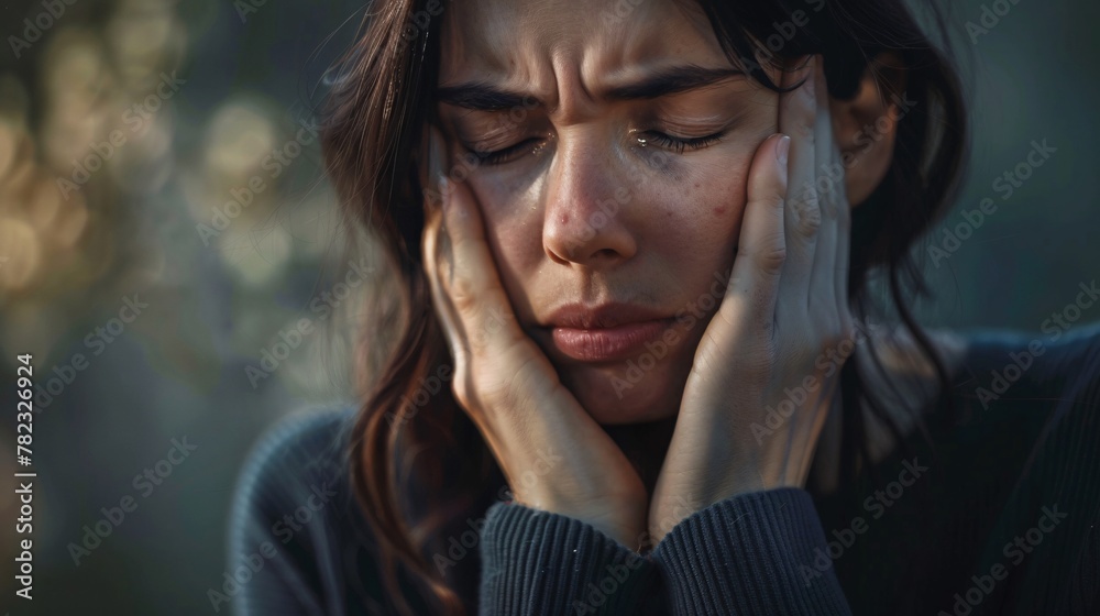 A woman with folded hands and tear-filled eyes, expressing sadness and ...