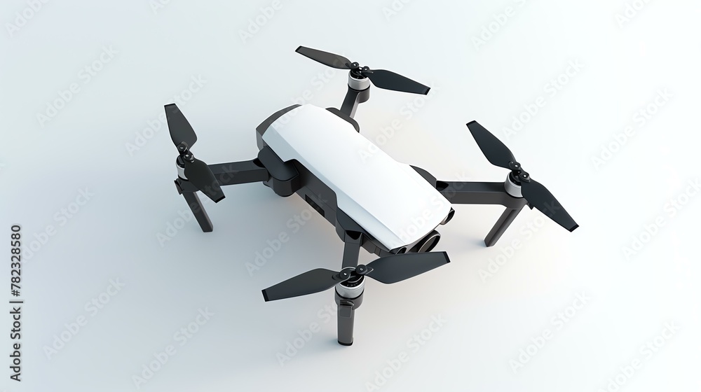White and black drone isolated on white background. The drone has four ...