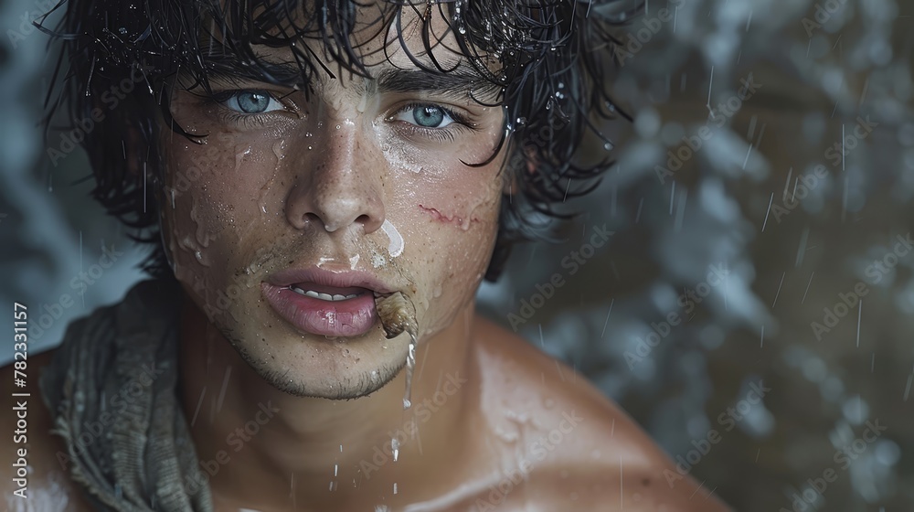 A sharp image of a man, shirtless, with damp hair slicked back, and a ...