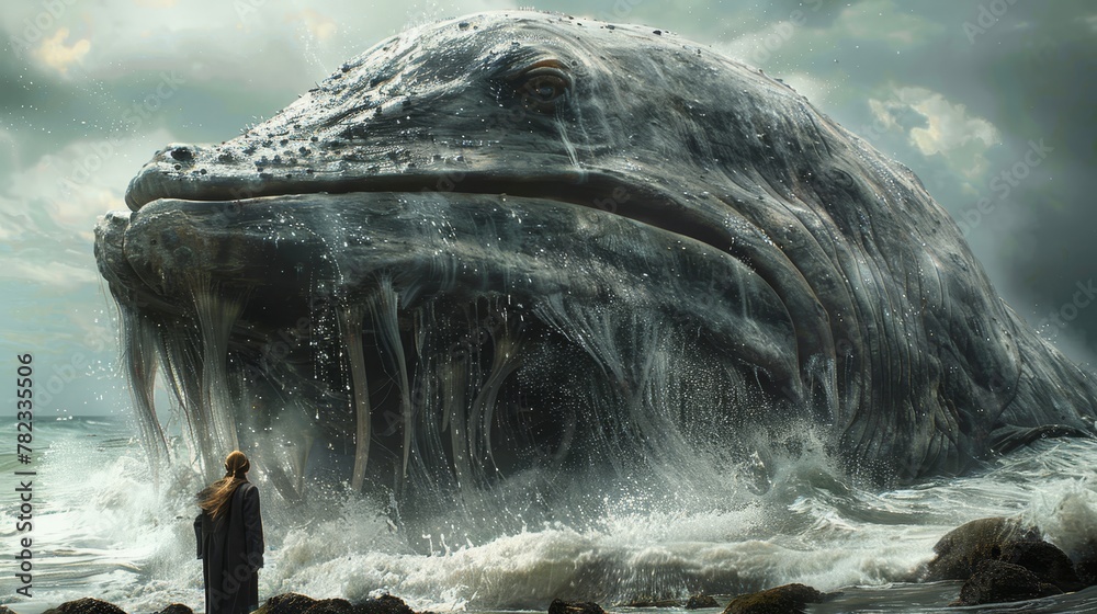 A woman stands before a colossal whale in the ocean, its hulking head ...