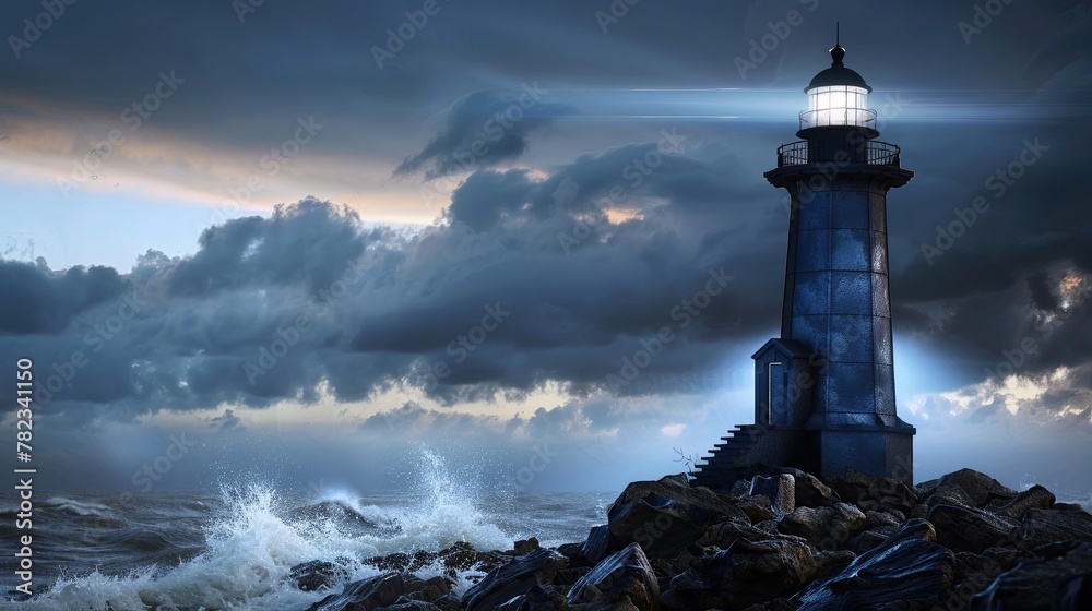 Hightech lighthouse on rocky shore, stormy sea, night, spotlight effect ...