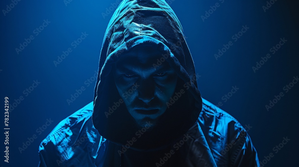 Neon blue casts a shadow over a digital hacker with a hood illustrating ...