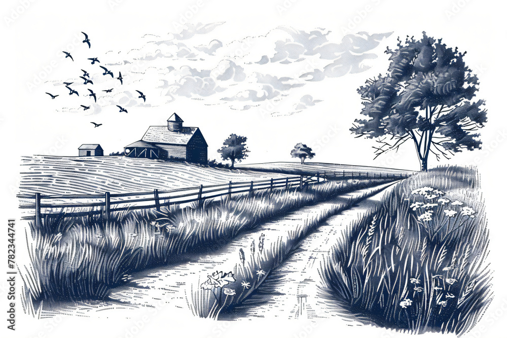 Rural landscape with farm on meadow. Engraving monochrome graphic style ...