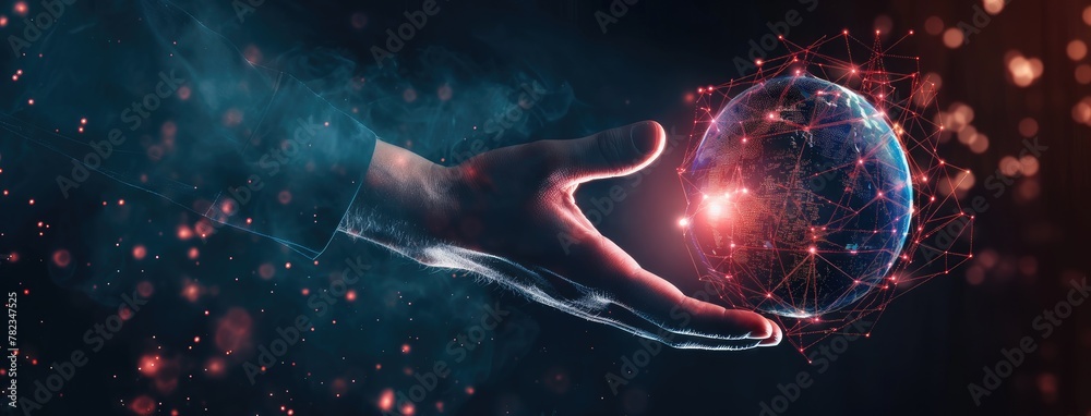fingers reaching out to touch a radiant digital planet, representing ...