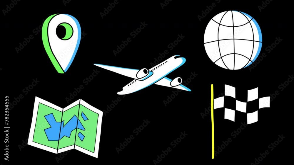 Travel symbol animations isolated on transparent background. Airplane ...