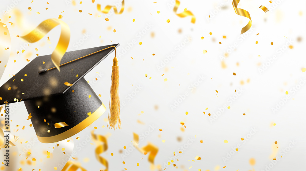 Banner for graduation invitation design. Graduation caps, gold confetti ...