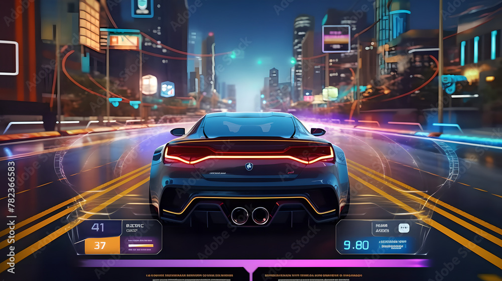 gameplay view of street racing AAA video game with visual information ...