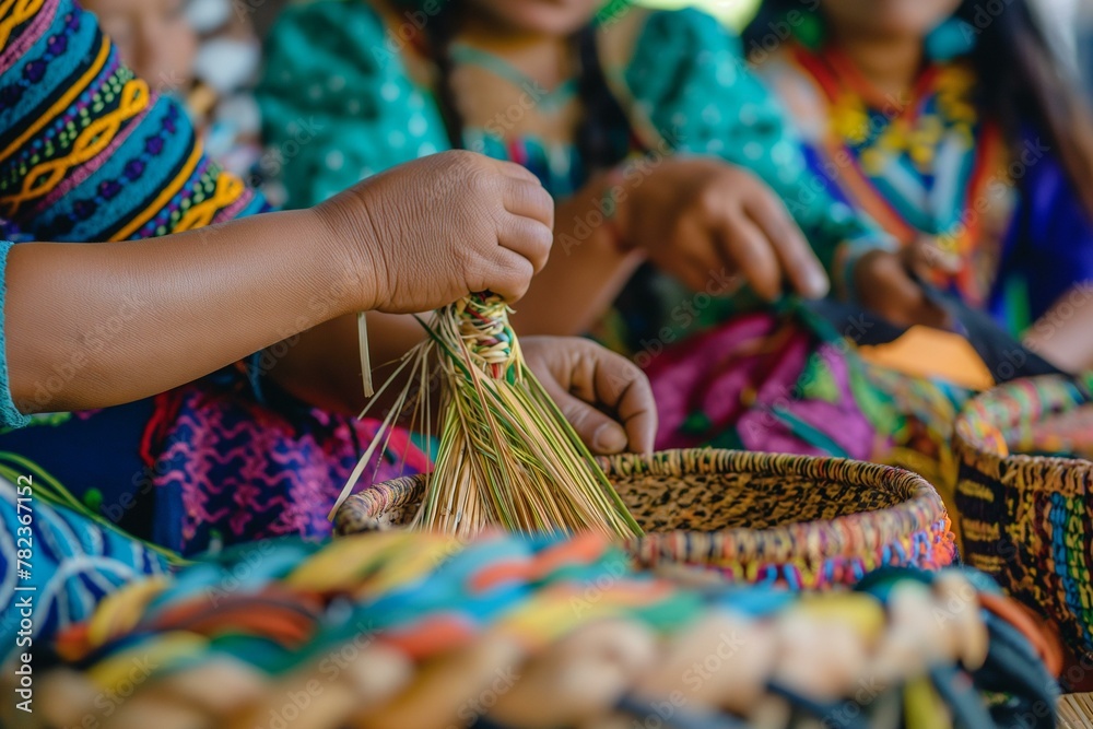 Indigenous Youth Engaged in Traditional Basket Weaving with Colorful ...