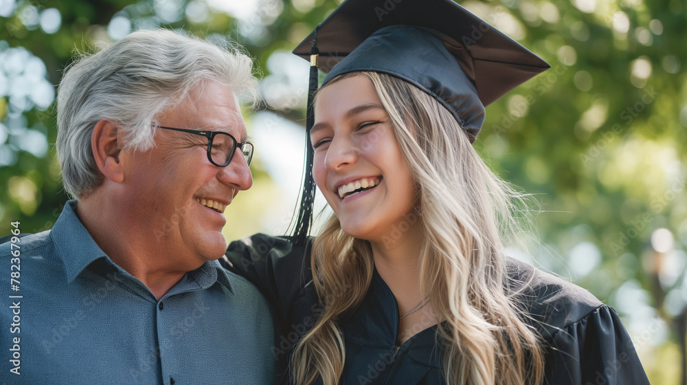 Foto de Joyful proud father congratulates and hugs his daughter, a ...