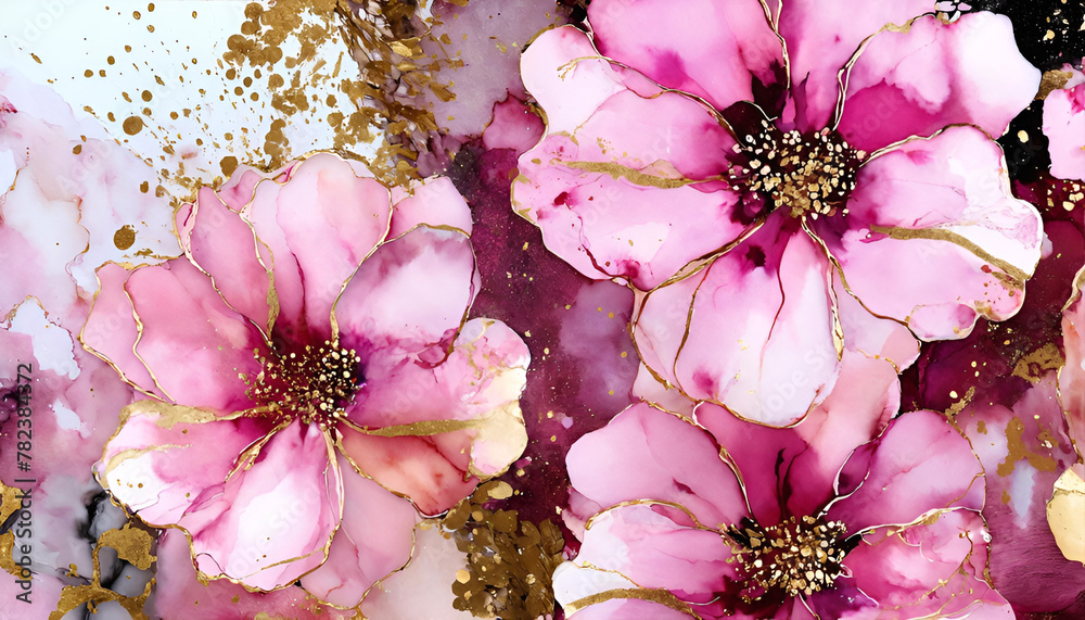 Elegant pink flowers alcohol ink background with gold glitter elements ...
