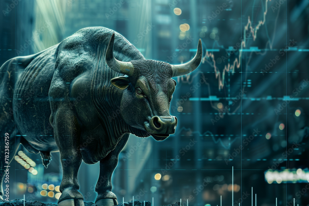 A bull with horns is standing in front of a graph. The bull is looking ...