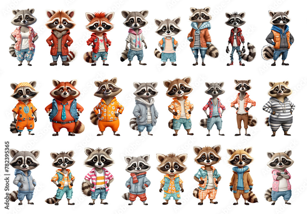Set of cartoon caricatures of funny freaky raccoon characters in casual ...