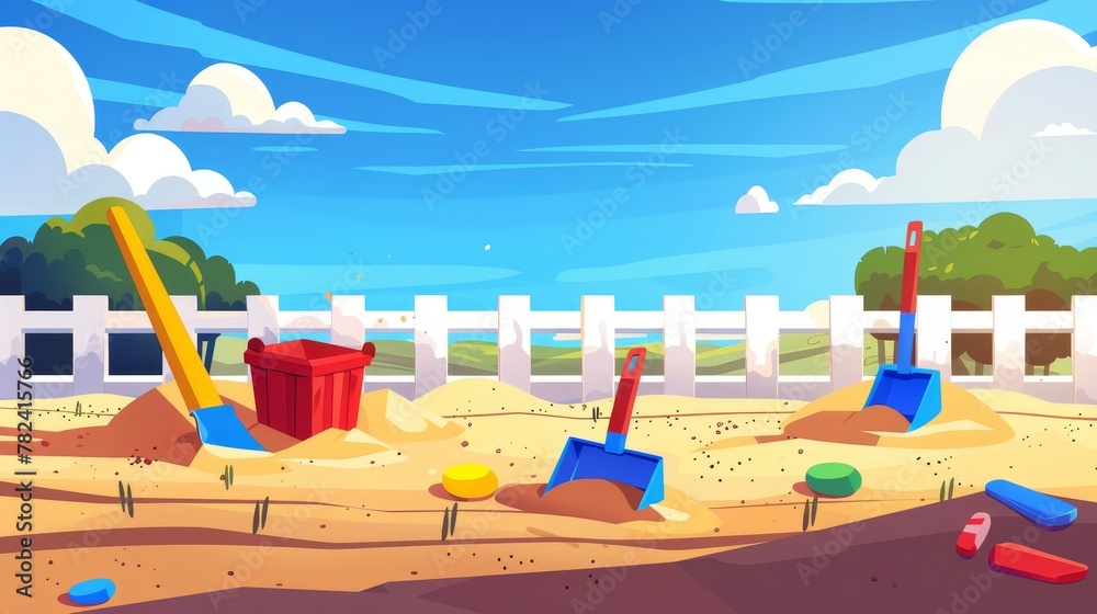 Cartoon illustration of a sandbox on a playground, kids' sandbox with ...