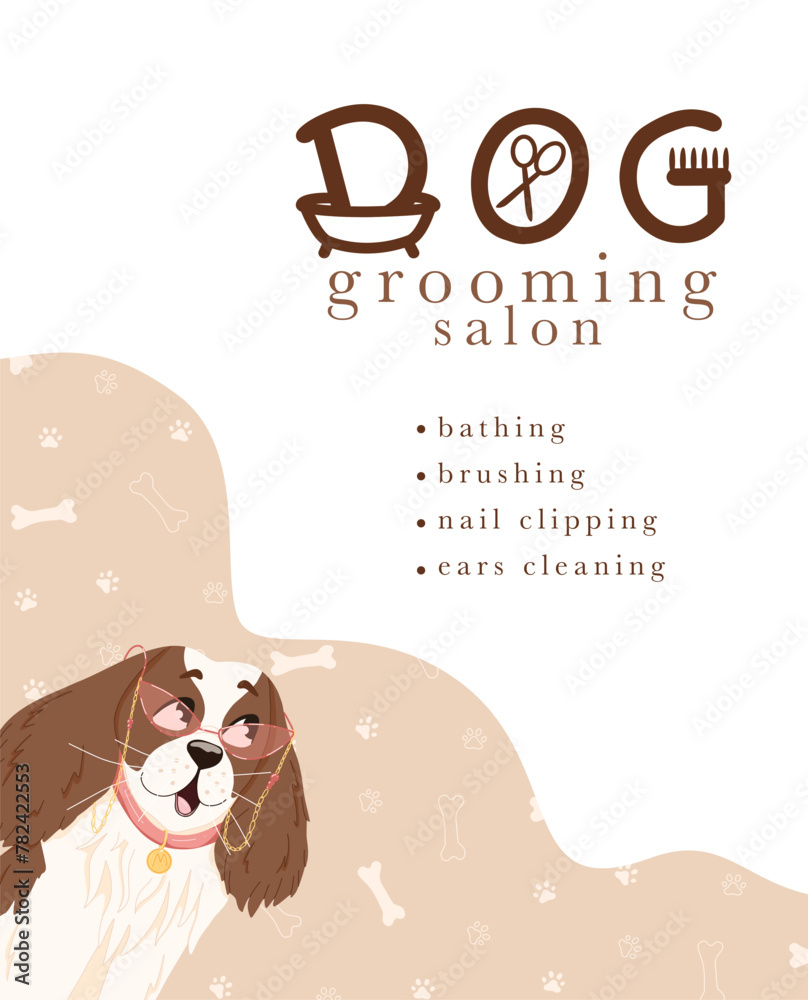 Vector poster template for pet shop, dog grooming salon. Cute design ...