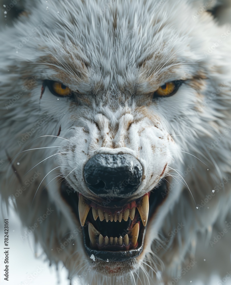 A wolf with yellow eyes and a large mouth is shown in a close-up. The ...