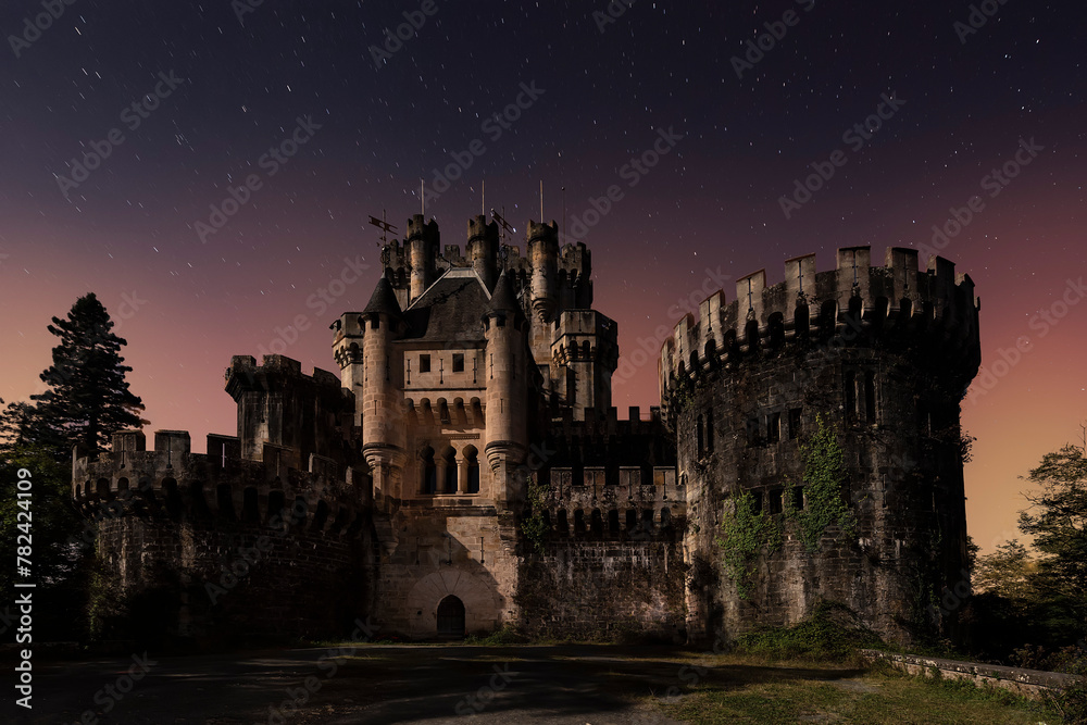 Night view of the main façade of Butron Castle, in Gatica, Bizkaia ...