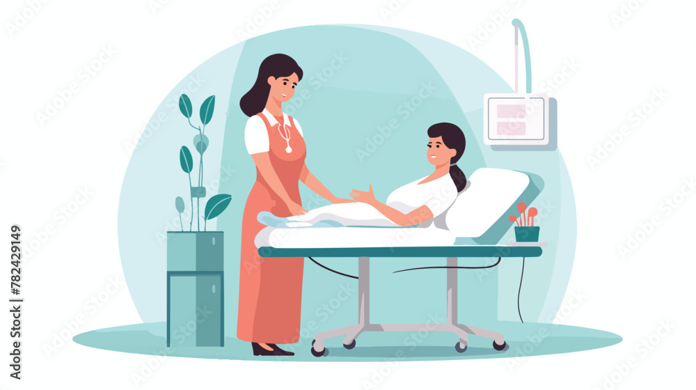 Cartoon midwife helping woman giving birth. Flat ve Stock Vector ...