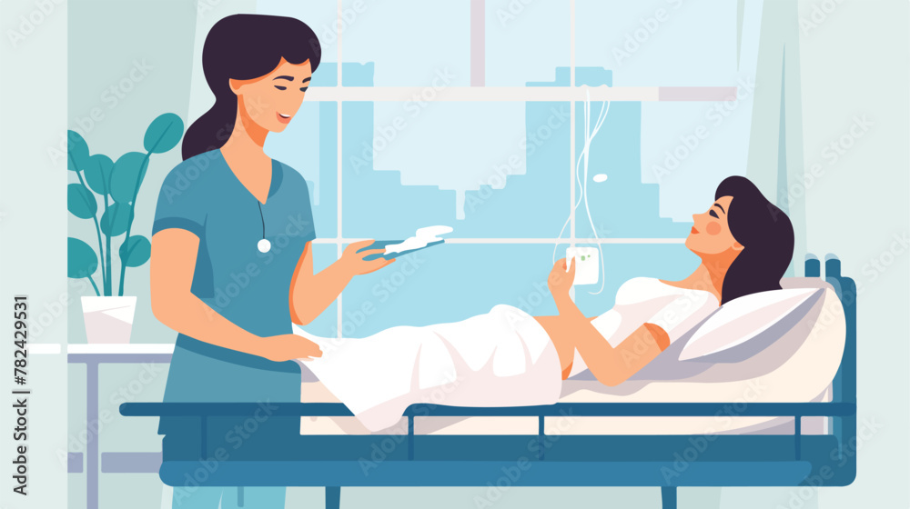 Cartoon midwife helping woman giving birth. Flat ve Stock Vector ...