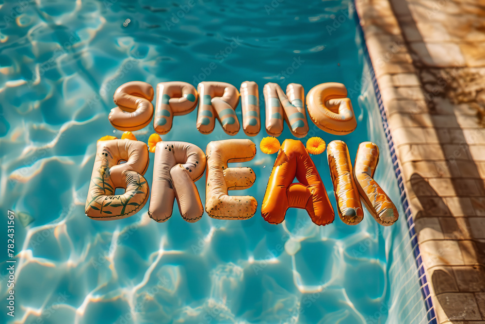 Spring break word spelled out in inflatable pool floats in a summer ...