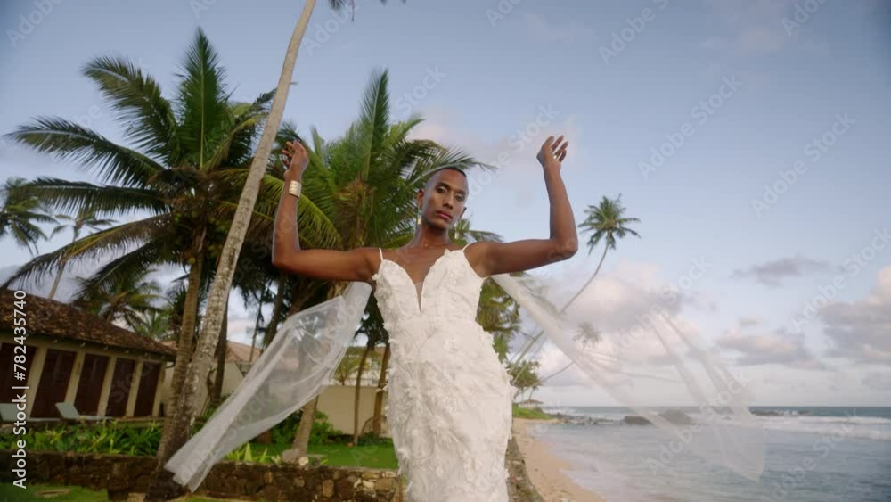 Vidéo Stock Androgynous black bride posing in wedding dress. Wind blows airy veil in air. Gender ...