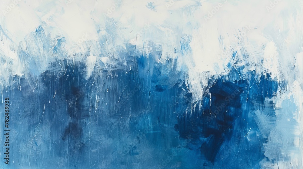 Blue and white acrylic paint creates an abstract and textured ...