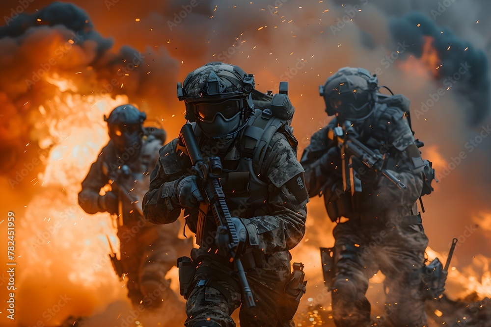 Combat team running in front of an explosion. Soldiers in modern gear ...