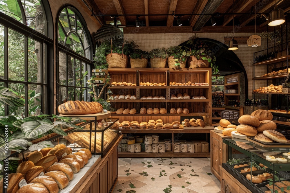 Artisanal bakery counter with sunlight illuminating the selection of ...