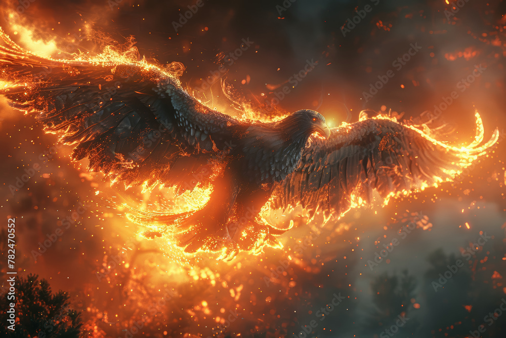 A visual metaphor of a phoenix rising from the ashes, symbolizing ...