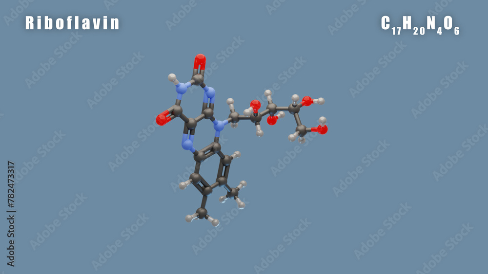 Riboflavin of C17H20N4O6 3D Conformer animated render. Food additive ...