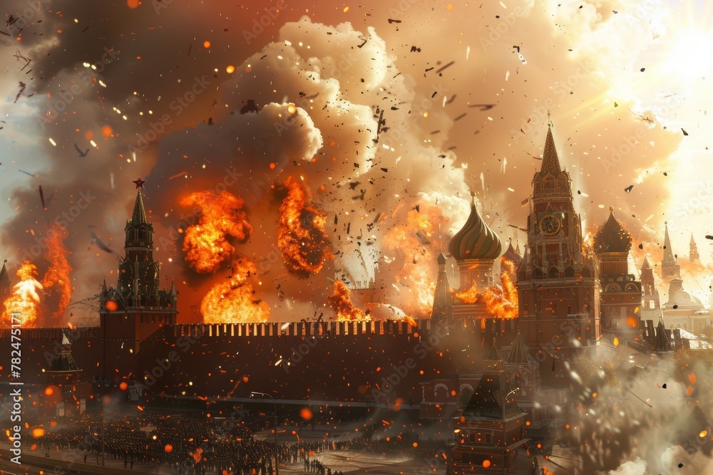 Fictional illustration of a russian city under attack - explosions ...