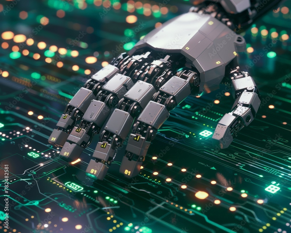 Robotic Hand on Circuit Board: AI Security,A robotic hand activates a ...