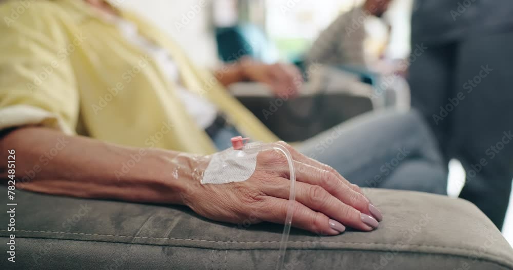 Healthcare, hands and senior woman with needle drip at hospital for ...