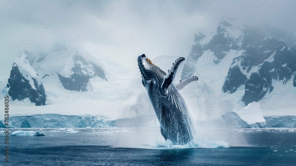A humpback whale in Antarctica breaches out of the water, showcasing ...