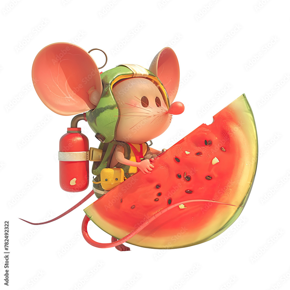 A cartoon mouse, parched and in a scorching desert, uses a watermelon ...